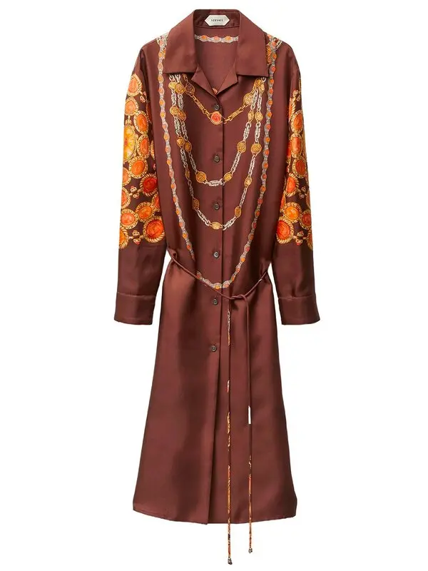 Versace Printed Silk Twill Mini Shirt Dress - Brown