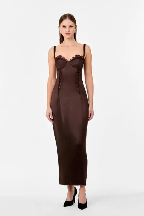 NICHOLAS Dominique Lace Paneled Midi Dress - Espresso