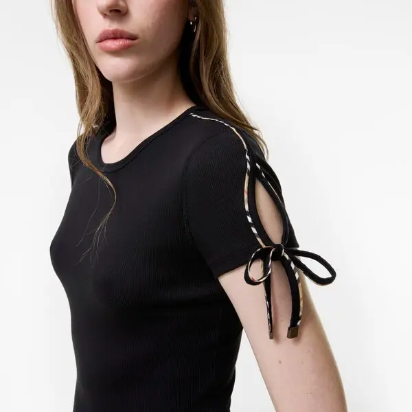 Burberry Cropped Ribbed Cotton T-shirt With Tie-detail Sleeves