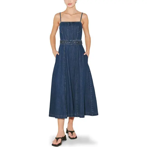FREEMARKET Pleated Square Neck Denim Midi Dress - Indigo