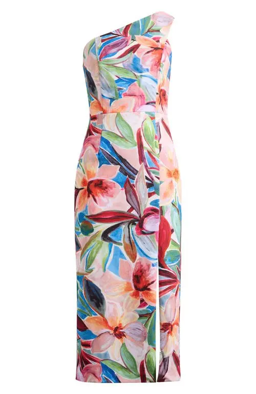 Vince Camuto One-shoulder Tropical Floral Midi Dress