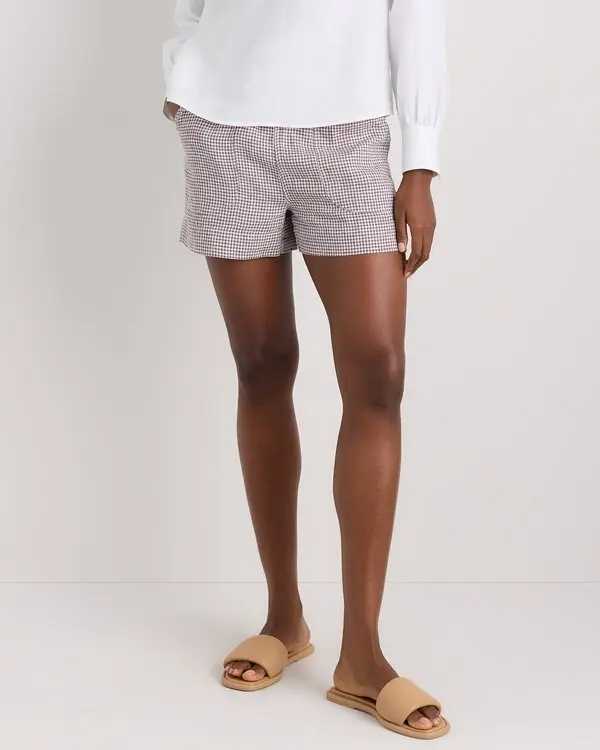 Quince 100% European Linen Shorts - Taupe Brown Gingham