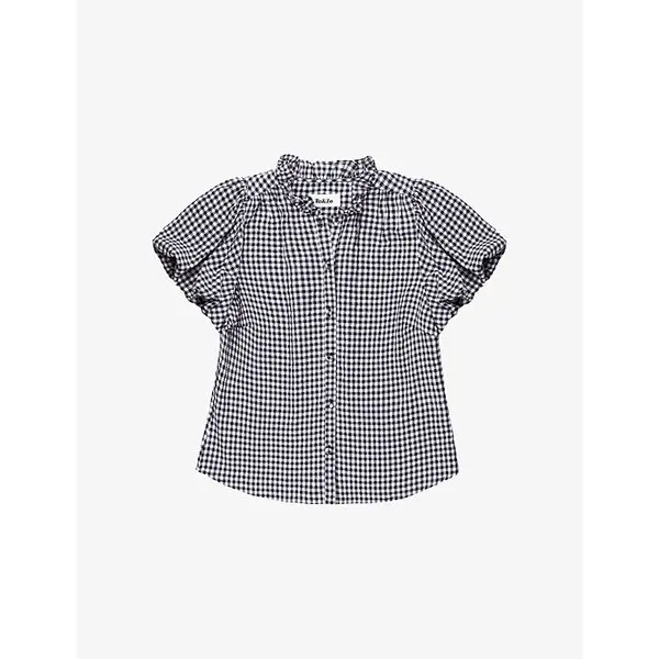 RO&ZO Gingham-print Puff-sleeved Woven Shirt - Navy