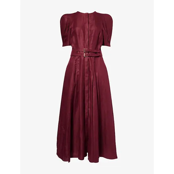 Gabriela Hearst Patricia Belted Linen Midi Dress - Bordeaux