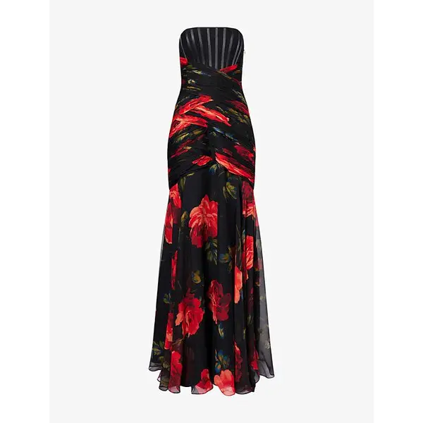 Carolina Herrera Rose-print Bustier Silk-chiffon Gown - Black Multi