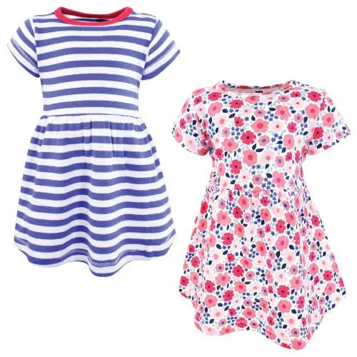 HUDSON BABY 2-pack Cotton Dress Set - Blue Pink Flowers
