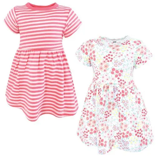 HUDSON BABY Baby Cotton Dress 2-pack - Bright Pink Flower Field