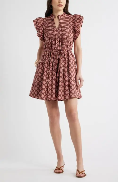 Caslon Ruffle Tie Waist Dress - Brown- Pink Millie Tile