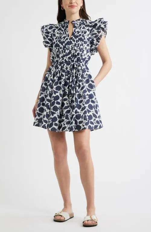 Caslon Ruffle Tie Waist Dress - Ivory- Navy Windsor Floral