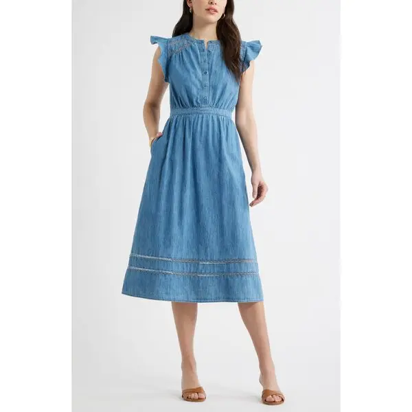 Caslon Flutter Sleeve Chambray Dress - Medium Wash