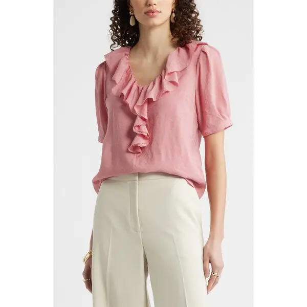 Nordstrom Ruffle Crinkle Semisheer Top - Pink Compact