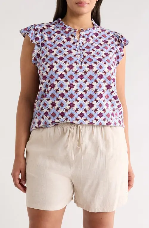 Caslon Flutter Sleeve Print Popover Top - Ivory- Purple Millie Tile