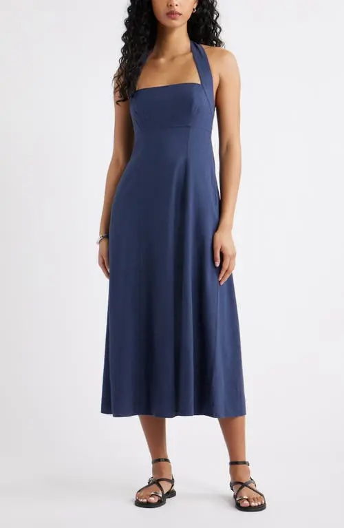 OPEN EDIT Linen Blend Halter Midi Dress - Navy Indigo