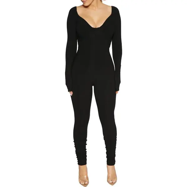 Naked Wardrobe Faux Bustier Ribbed Long Sleeve Jumpsuit - Black