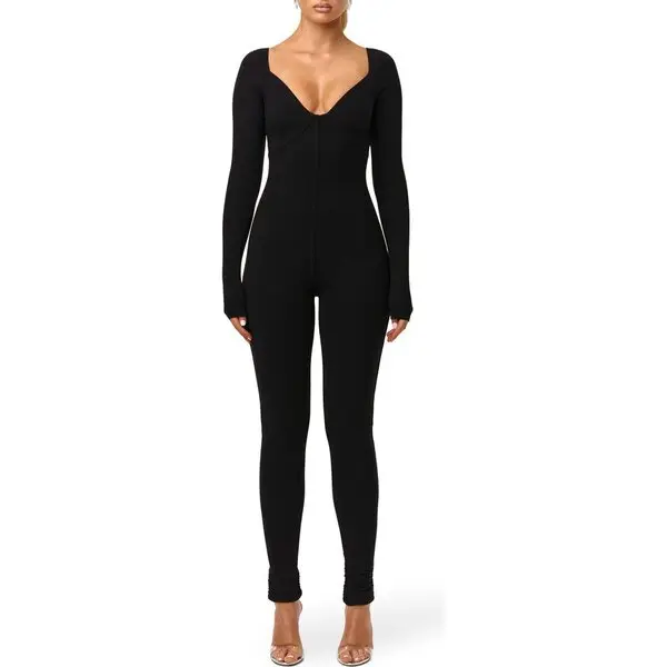 Naked Wardrobe Faux Bustier Ribbed Jumpsuit - Black