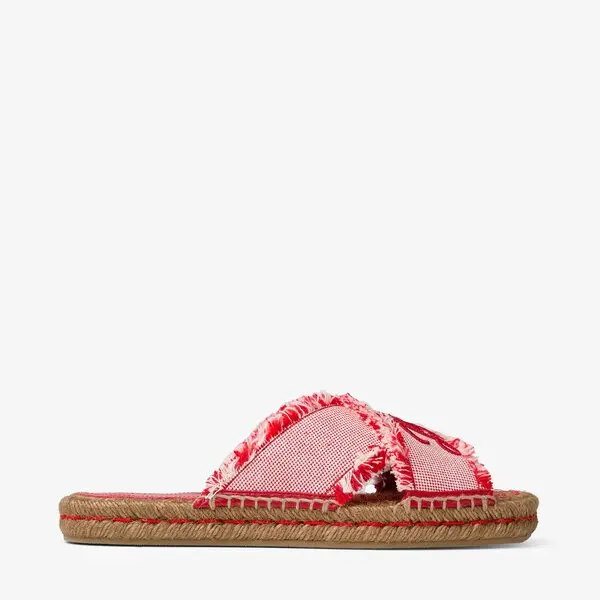 JIMMY CHOO Aciel Sandal Flat Ruby Red Mix Frayed Flecked Canvas Flat Sandals - Ruby Red Mix/ruby Red