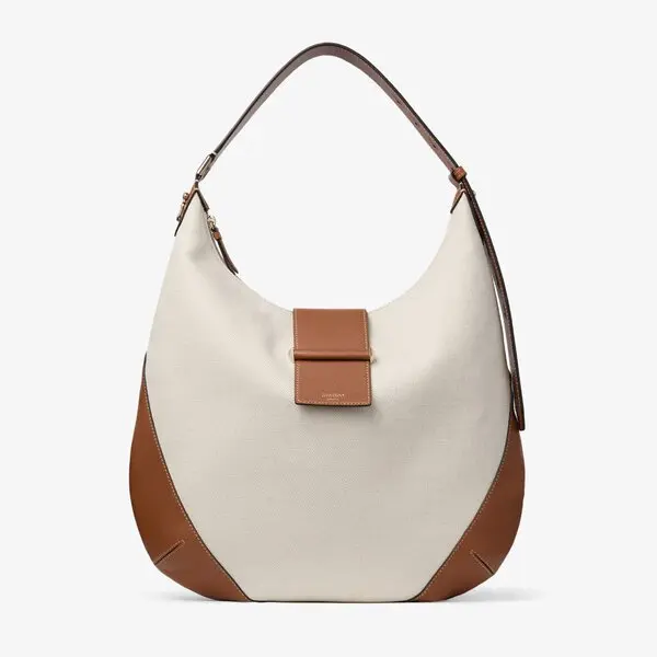 JIMMY CHOO Bar Hobo Medium Natural And Tan Recycled Canvas Shoulder Bag With Biker Leather Trim - Natural/tan/shiny Gold