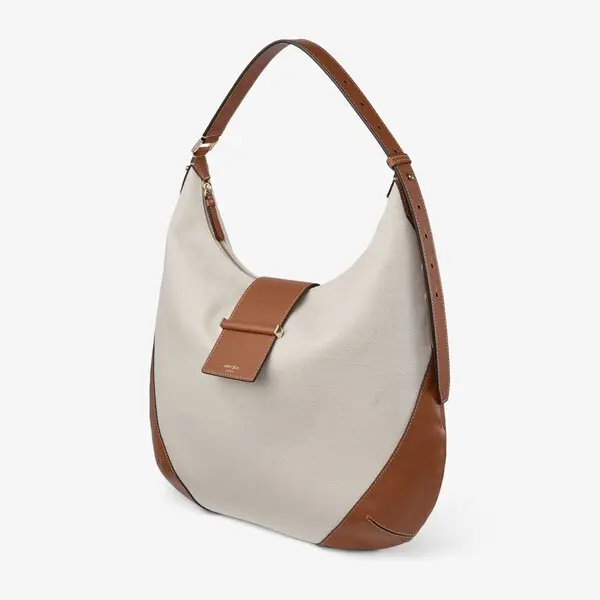 JIMMY CHOO Bar Hobo Medium Natural And Tan Recycled Canvas Shoulder Bag With Biker Leather Trim - Natural/tan/shiny Gold