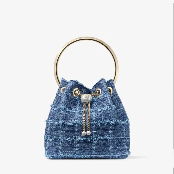 JIMMY CHOO Bon Bon Crosshatch Denim Fabric Bucket Bag - Denim Grid/light Gold