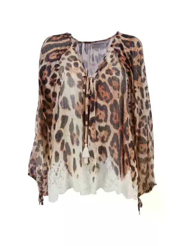 ERMANNO FIRENZE Leopard-print Lace-trim Blouse - Neutrals
