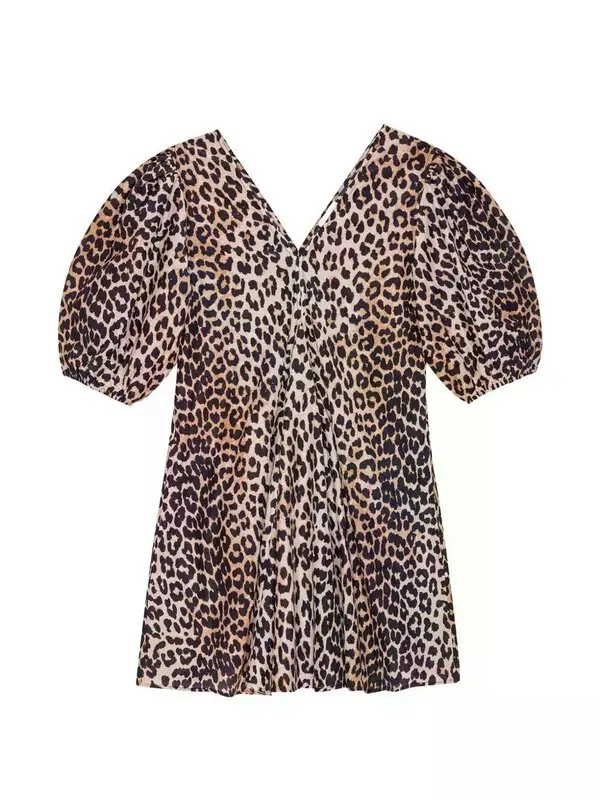 GANNI Puffed-sleeves Animal-print Mini Dress - Neutrals