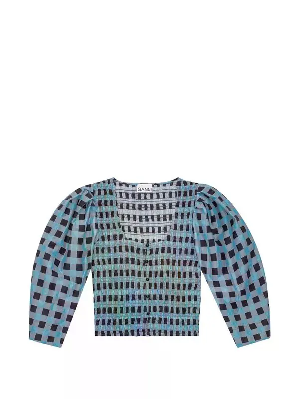 GANNI Check Smocked Top - Blue