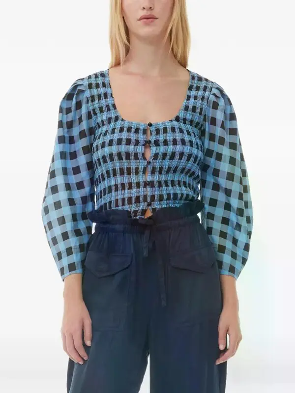 GANNI Check Smocked Top