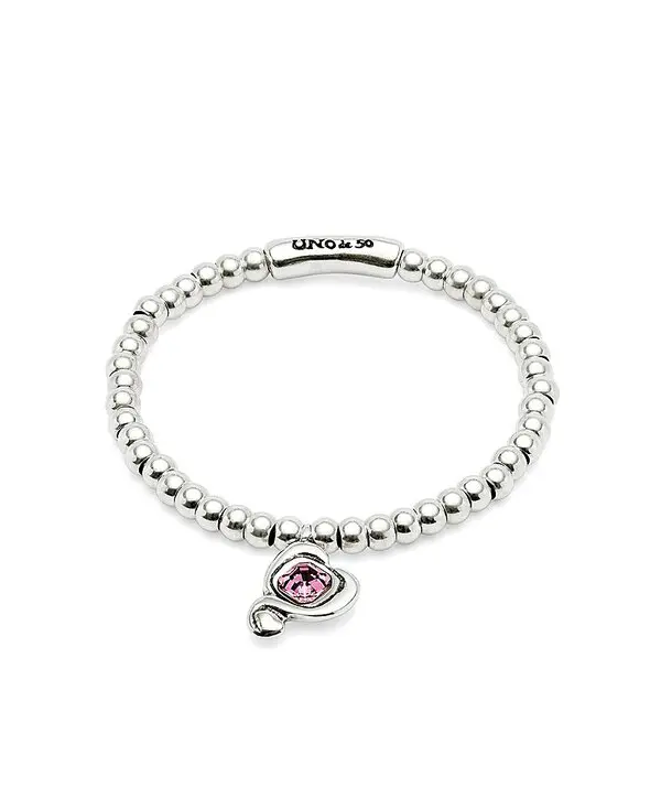 UNODE50 Beaded Stretch Bracelet With Heart And Pink Crystal - Silver