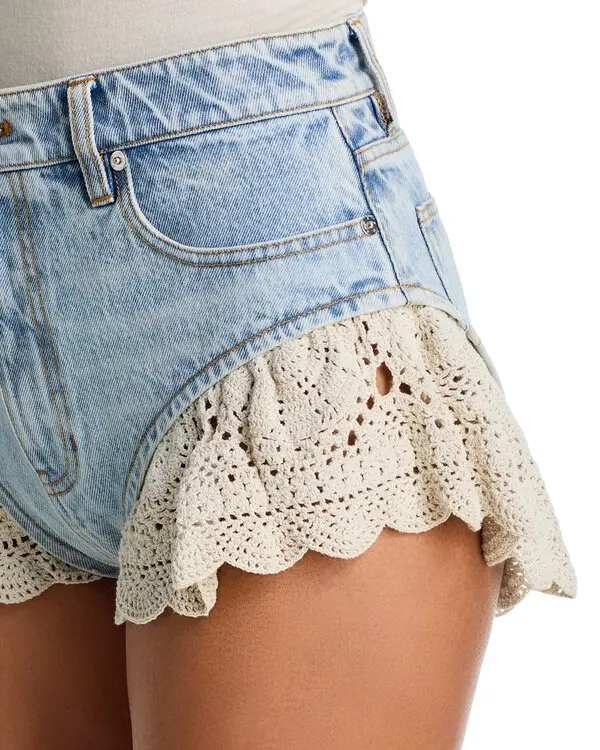 FRAME Crochet Ruffle Denim Shorts