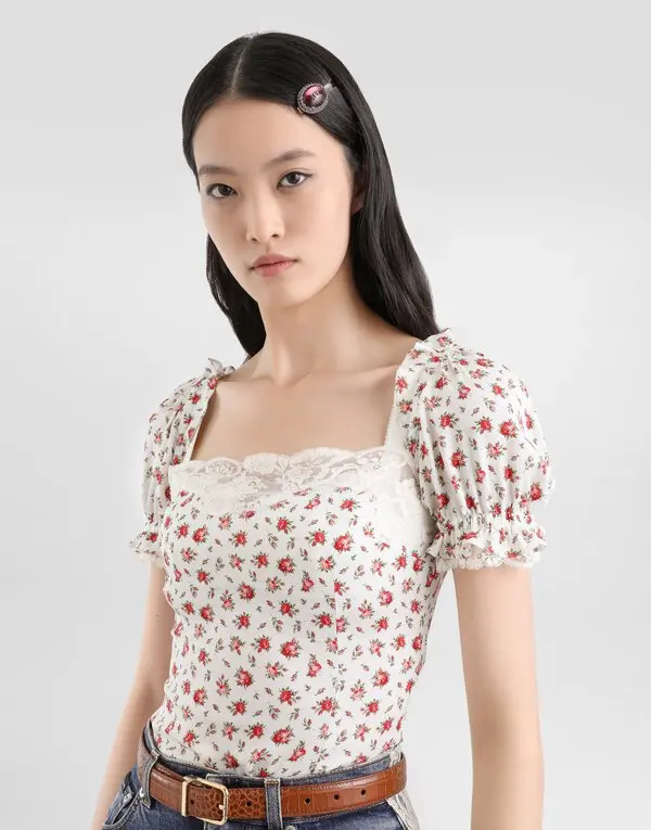 Dolce & Gabbana Rose-print Charmeuse Top