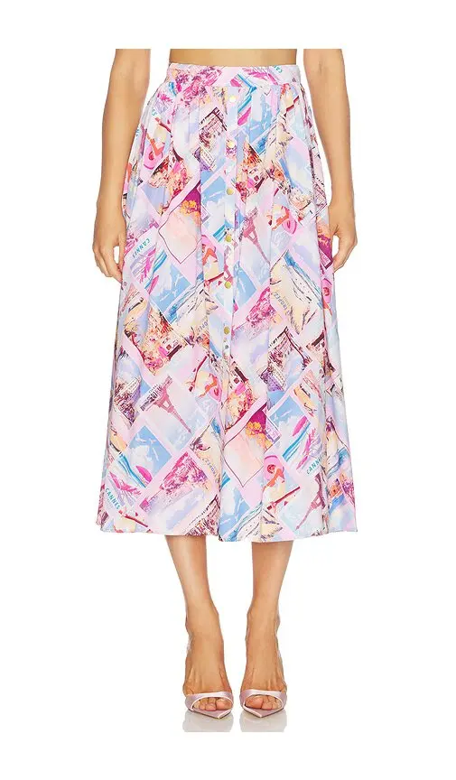 L'Agence Seina Midi Skirt - Light Pink Multi Small Postcard Print