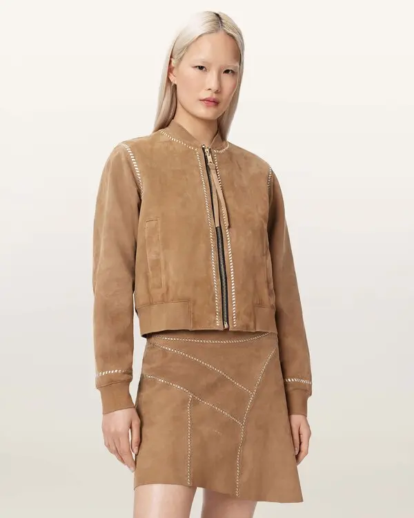 ALLSAINTS Oren Whipstitch Suede Bomber Jacket - Brown