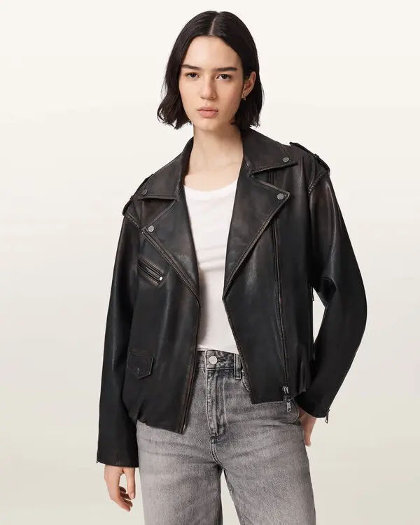 ALLSAINTS Samina Relaxed Fit Leather Biker Jacket - Black/brown