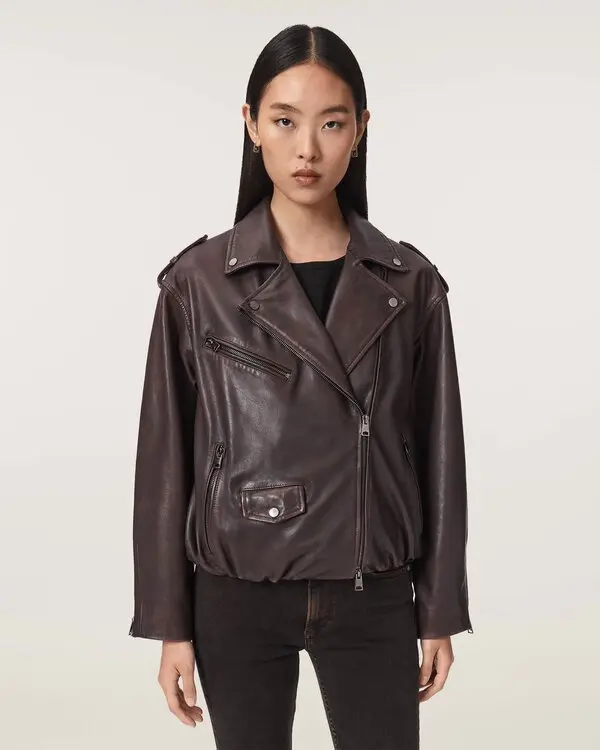 ALLSAINTS Samina Relaxed Fit Leather Biker Jacket - Red