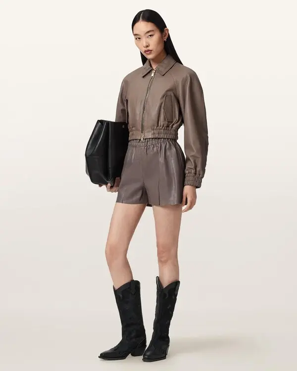 ALLSAINTS Anouk Cropped Leather Bomber Jacket - Brown