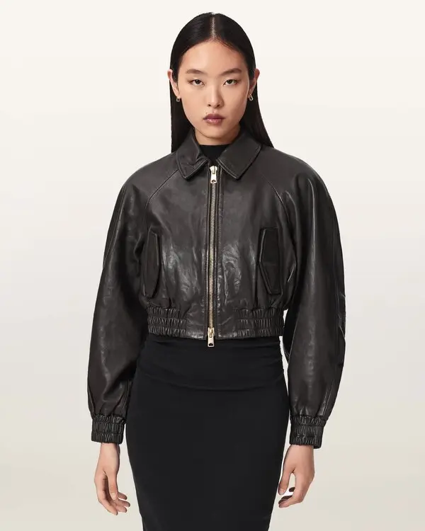ALLSAINTS Anouk Cropped Leather Bomber Jacket - Brown