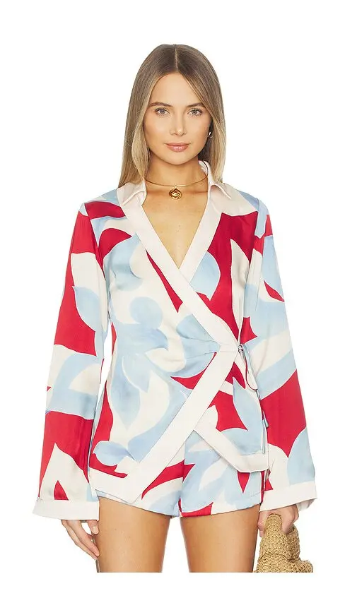 SEVEN WONDERS Amoree Long Sleeve Wrap Shirt In Red, Baby Blue - Amoree Red
