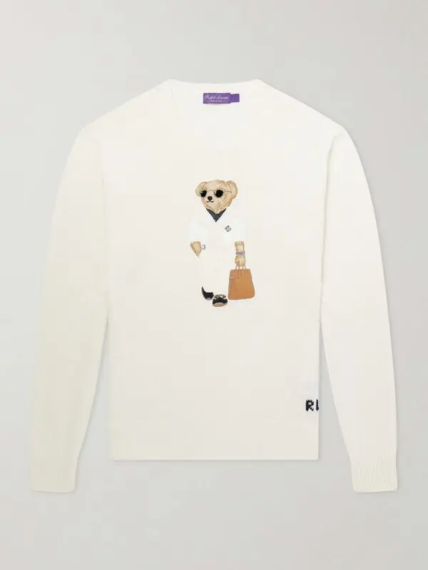 Ralph Lauren Purple Label Polo Bear Logo-appliquéd Leather-trimmed Knitted Silk And Linen-blend Sweater - Cream