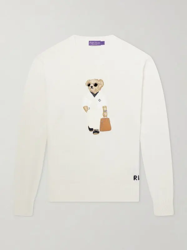 Ralph Lauren Purple Label Polo Bear Logo-appliquéd Leather-trimmed Knitted Silk And Linen-blend Sweater - Neutrals