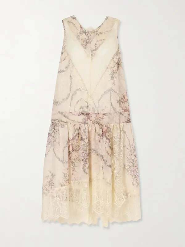Anna Sui Floral-print Lace-trimmed Chiffon Midi Dress - Neutrals