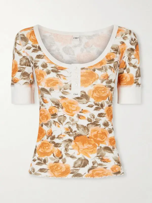 Chloé Floral-print Ribbed Stretch-cotton Jersey T-shirt - Orange