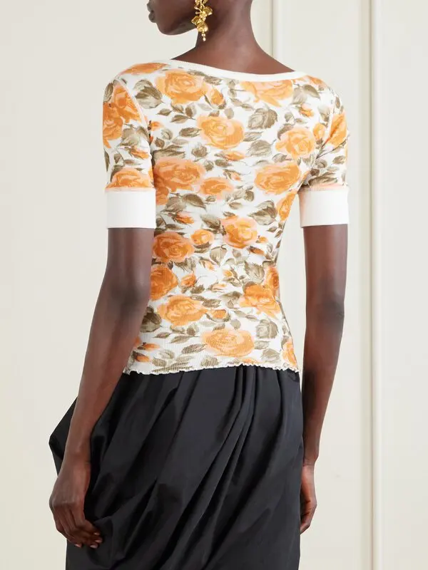 Chloé Floral-print Ribbed Stretch-cotton Jersey T-shirt - Orange