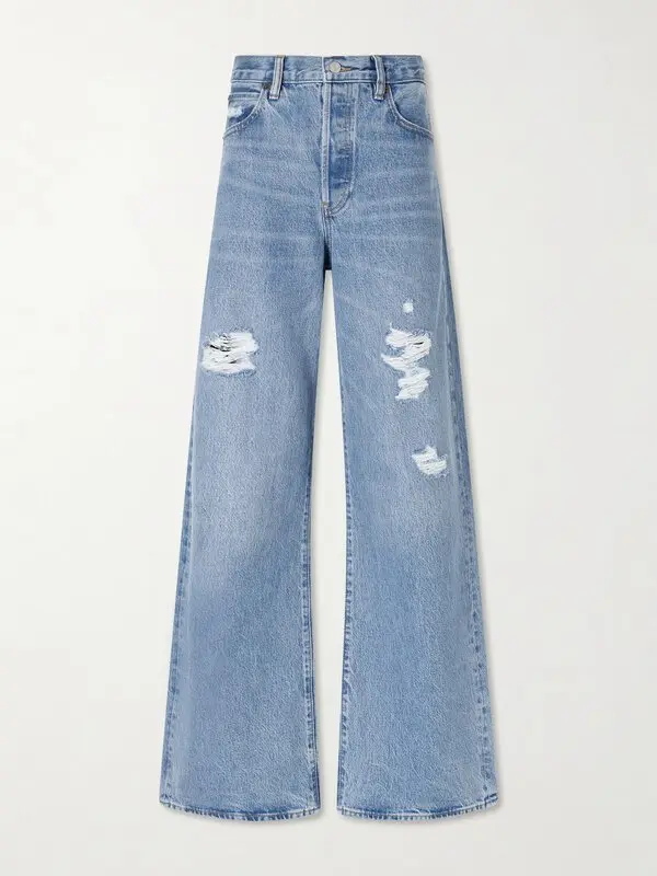 FRAME The Loose Distressed Low-rise Wide-leg Jeans - Blue
