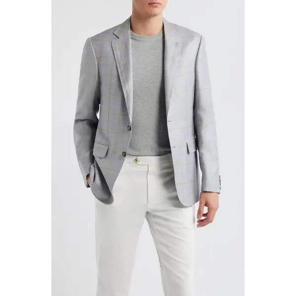 Canali Kei Trim Fit Plaid Cashmere, Linen & Silk Sport Coat - Light Grey