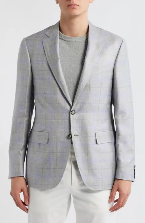 Canali Kei Trim Fit Plaid Cashmere, Linen & Silk Sport Coat - Light Grey
