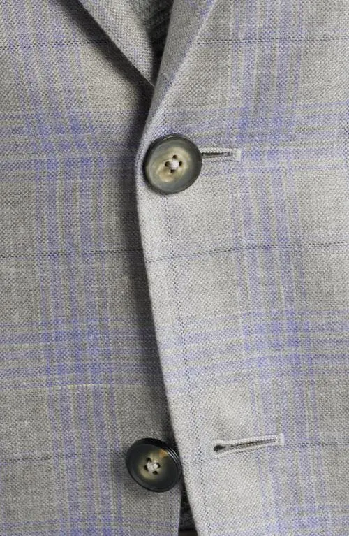Canali Kei Trim Fit Plaid Cashmere, Linen & Silk Sport Coat - Light Grey