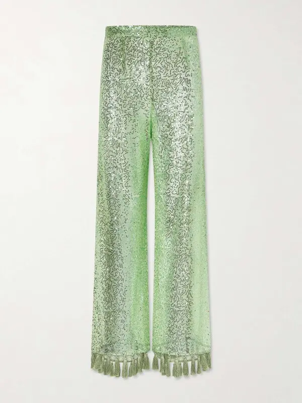 TALLER MARMO Sequined Fringed Flared Pants - Green
