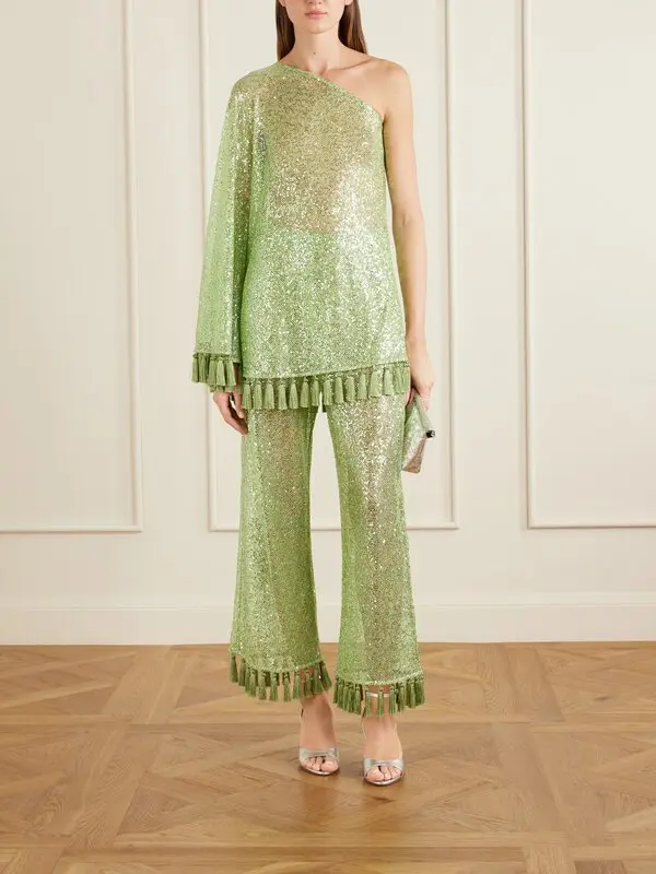 TALLER MARMO Sequined Fringed Flared Pants - Green