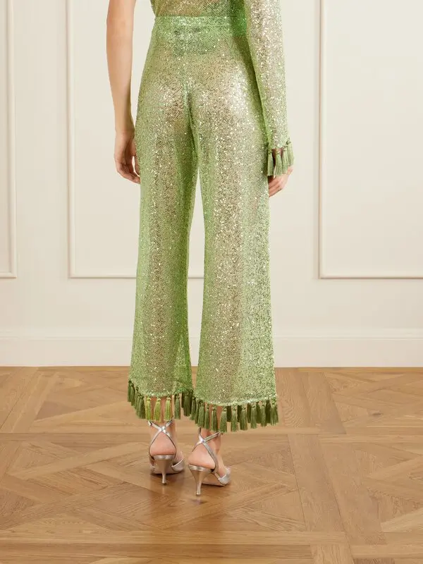 TALLER MARMO Sequined Fringed Flared Pants - Green