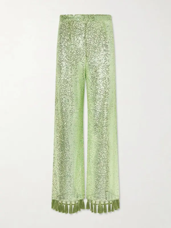 TALLER MARMO Sequined Fringed Flared Pants - Green